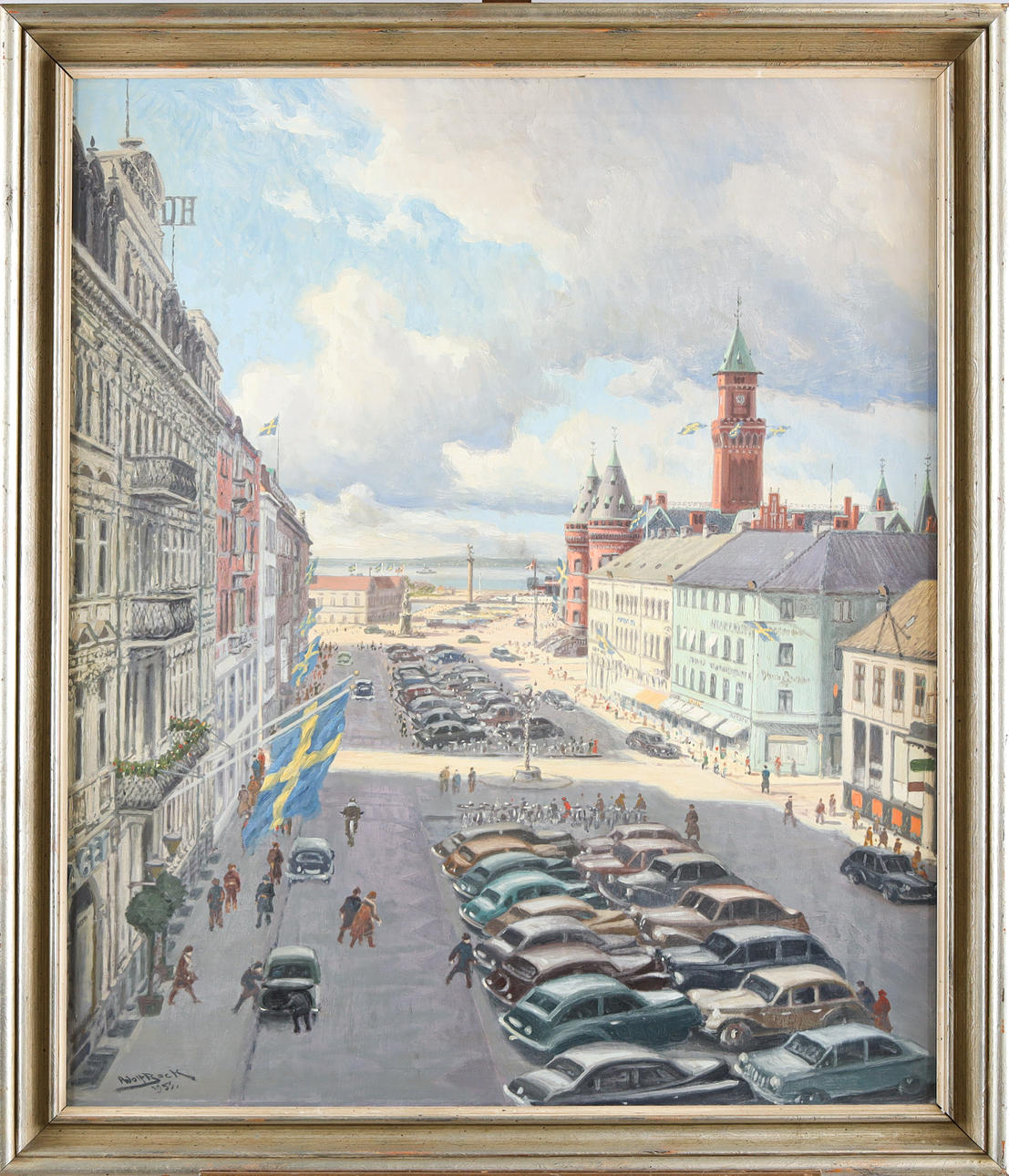 ADOLF BOCK. Stortorget Helsingborg, 1955. Konst - Måleri - Auctionet