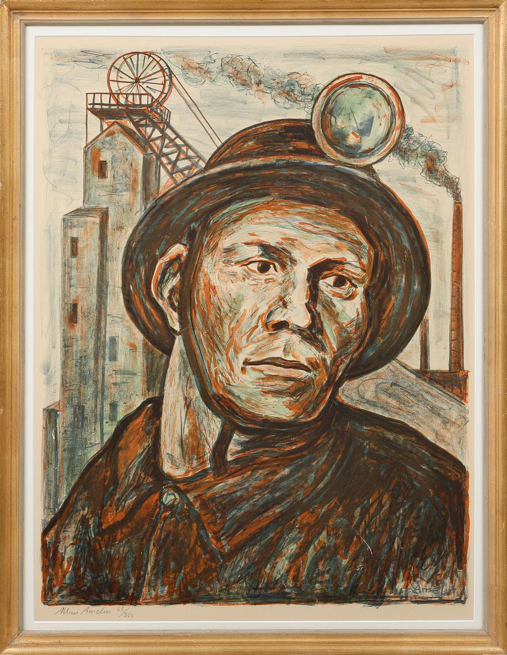 ALBIN AMELIN. Gruvarbetare, färglitografi, signerad och numrerad 65/200 ...