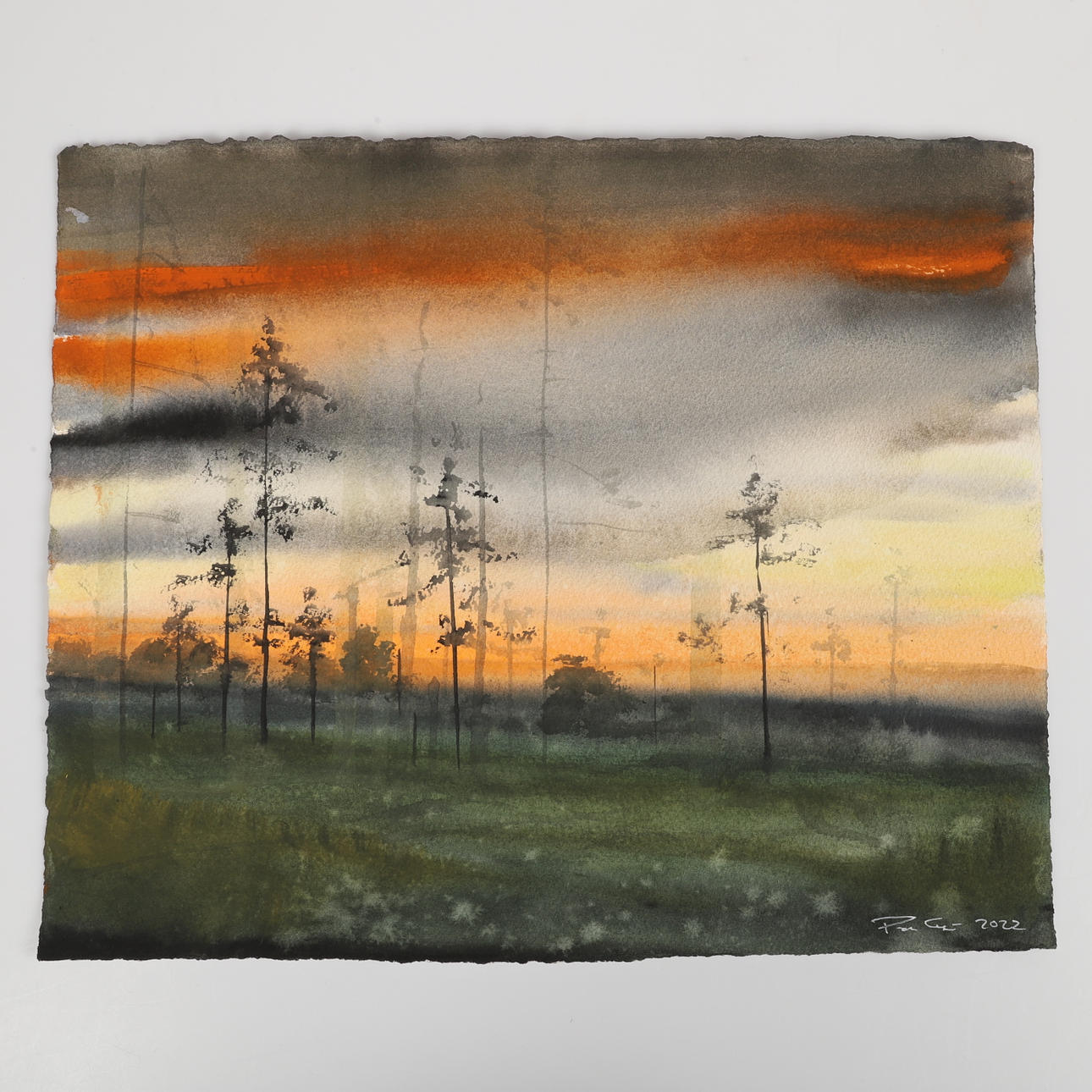 PETER EUGÉN. Solnedgång bakom träden, akvarell, signerad 2022. Konst ...