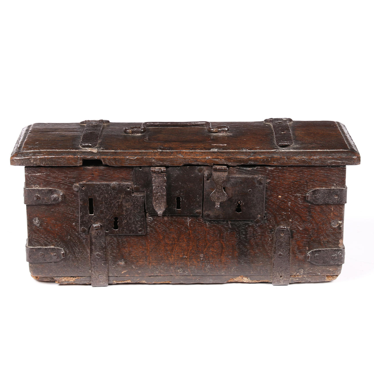 A WONDERFUL HENRY VII/VIII BOARDED OAK AND IRON-BOUND CHALICE BOX ...