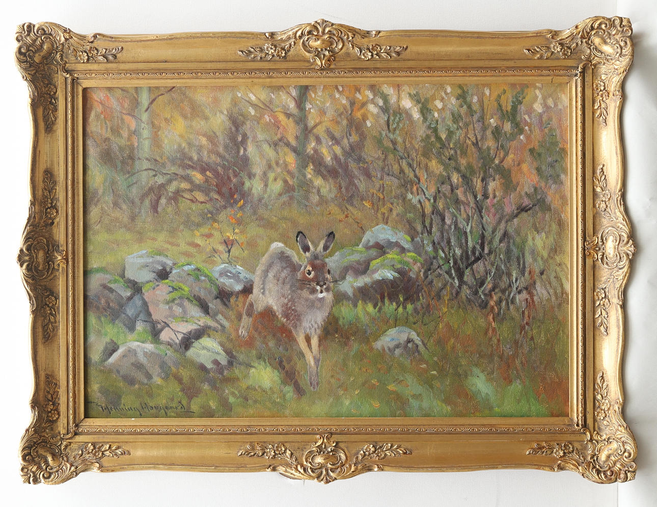 HENNING HOUGAARD. Hare in forest landscape, oil on canvas, signed. Art ...