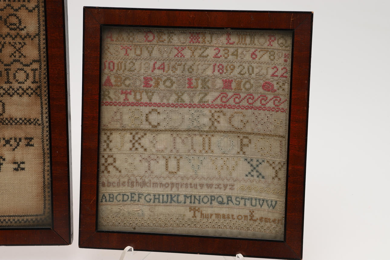 TWO FRAMED ALPHABET SAMPLERS. Vintage & Designer Fashion - Auctionet