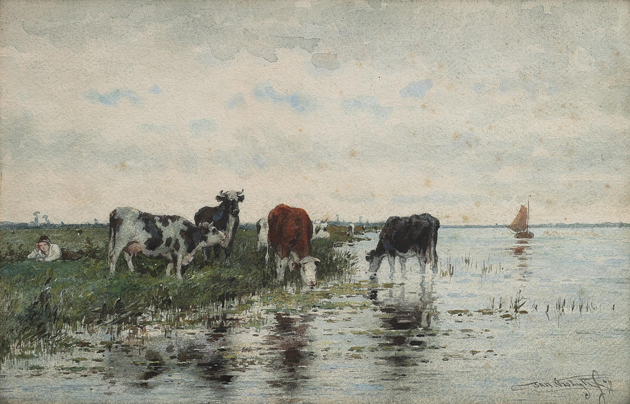 JAN VAN VROLIJK. HERDE OCH KOR VID VATTENBRYN. Konst - Måleri - Auctionet