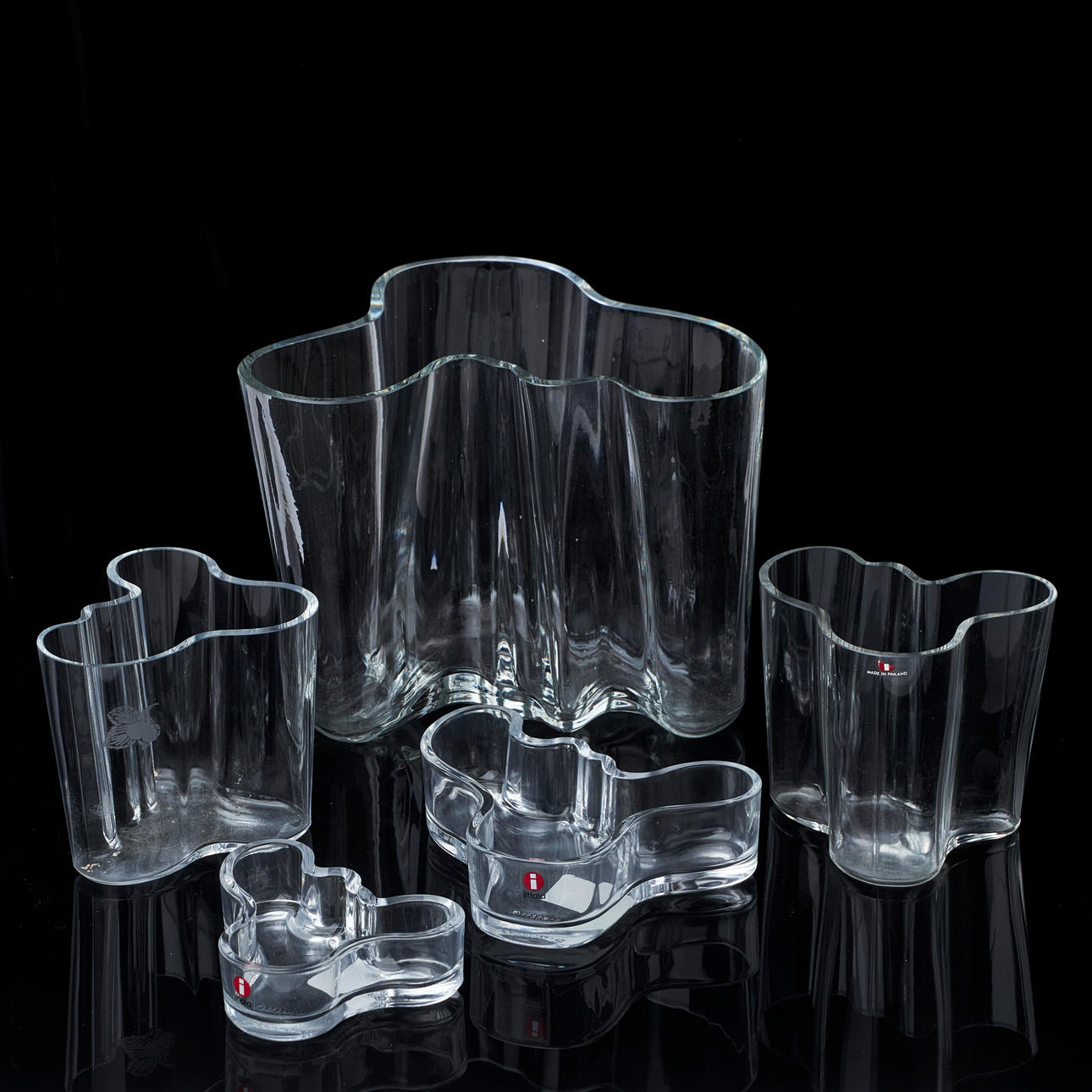 ALVAR AALTO. Vases and bowls, 5 dlr, “Savoy”, clear glass, Iittala ...