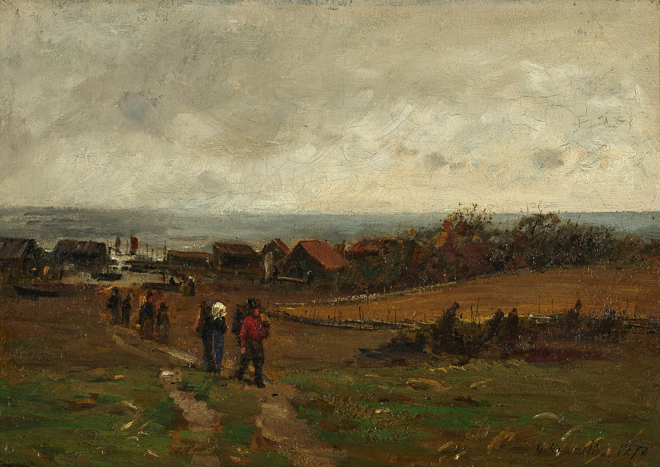 OLOF HERMELIN (1827-1913), Figurer vid fiskeby, signerad och daterad ...