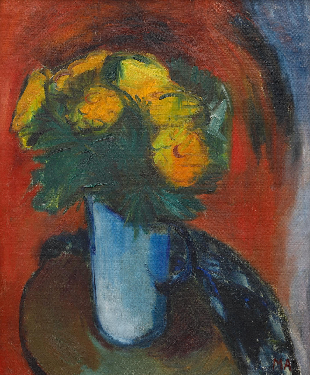 MAJ ARNELL. Stilleben med gula blommor i blå kanna. Olja på duk ...