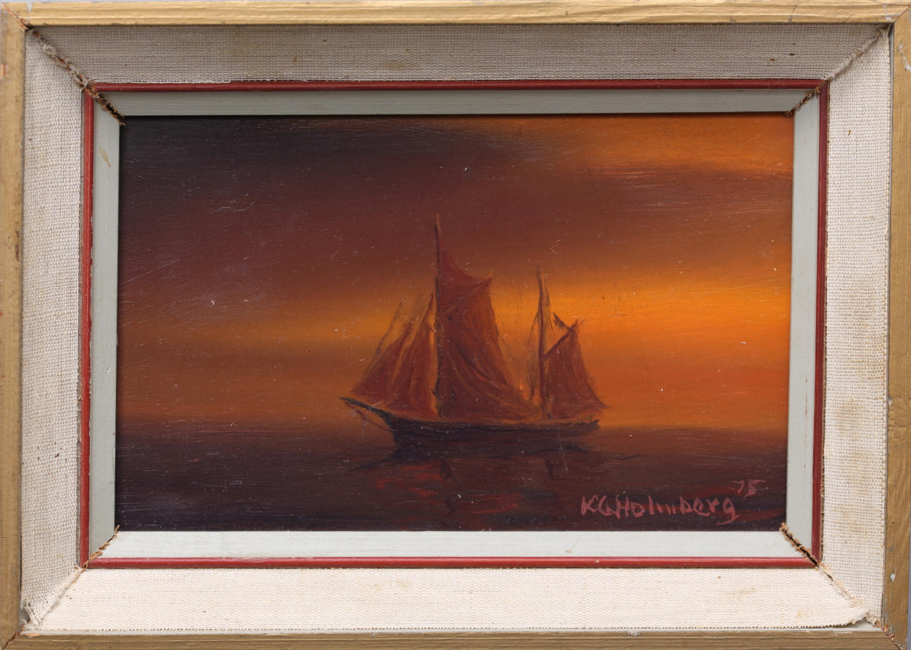 KARL GUSTAV HOLMBERG. "Segelfartyg i skymningen, Nordsjön". Olja på pannå, signerad och daterad ...