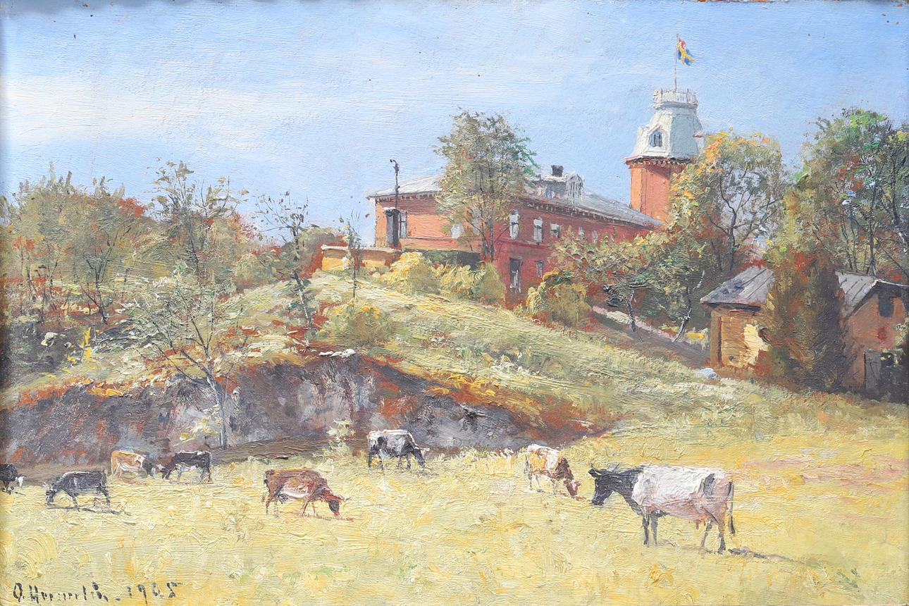 OLOF HERMELIN. Betande kor i landskap. Olja på pappannå, signerad och ...