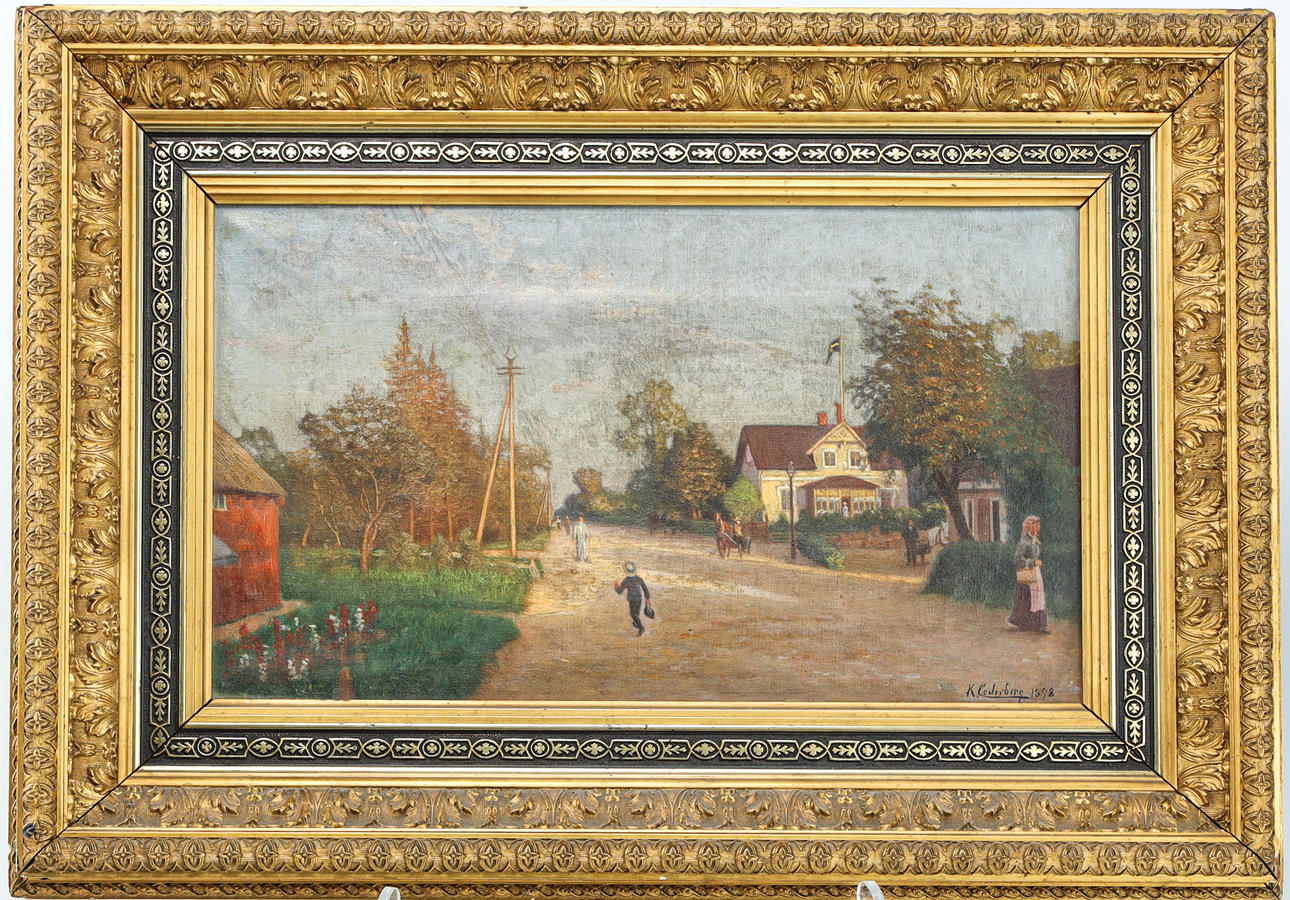 KARL CEDERBERG (1861-1904). Olja på duk, landsväg med personer ...