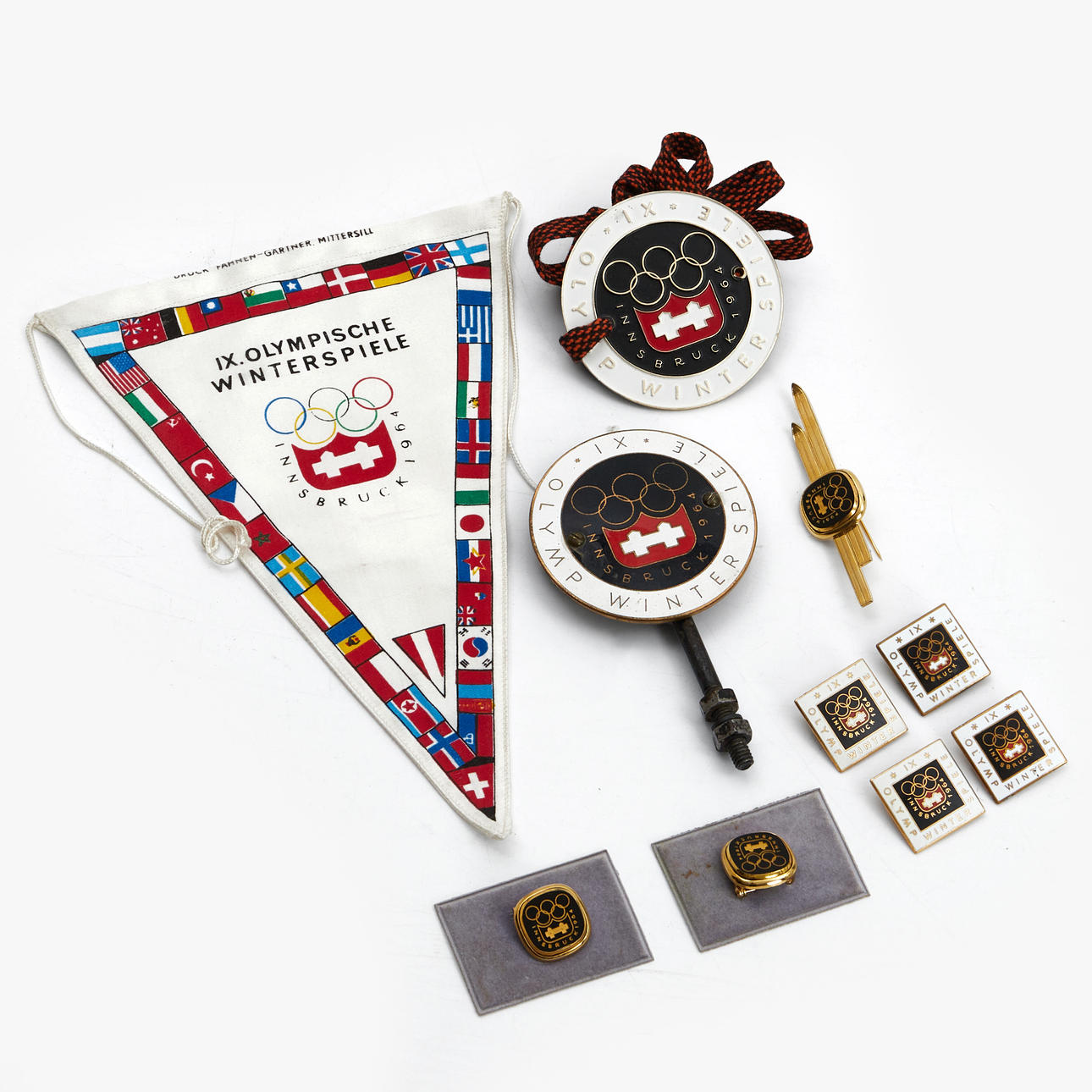 WINTER OLYMPIC GAMES INNSBRUCK 1964, 10 dlr. 1 Pennant, 7 pin badges, 2 ...