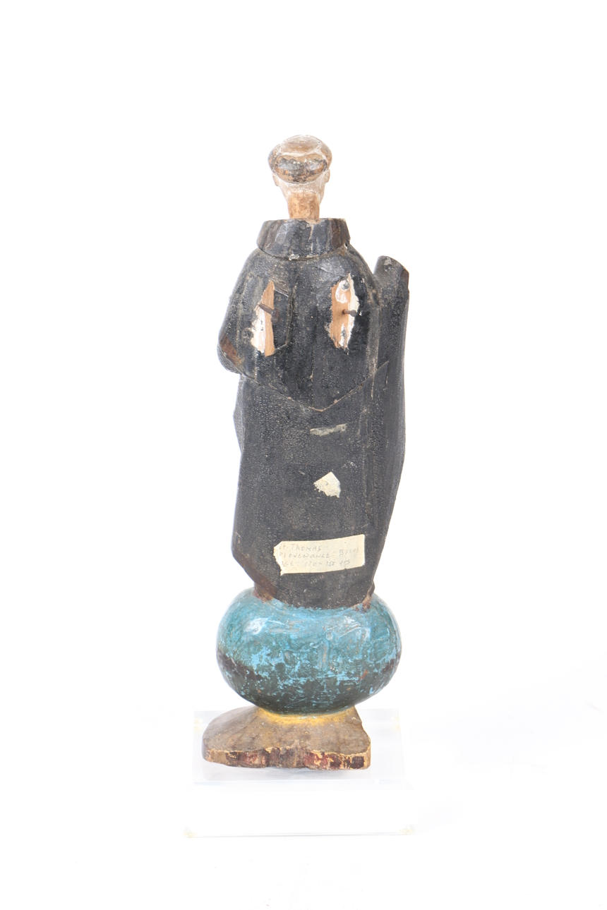 A 18TH CENTURY SPANISH COLONIAL POLYCHROME CARVED FIGURE OF SAINT ...