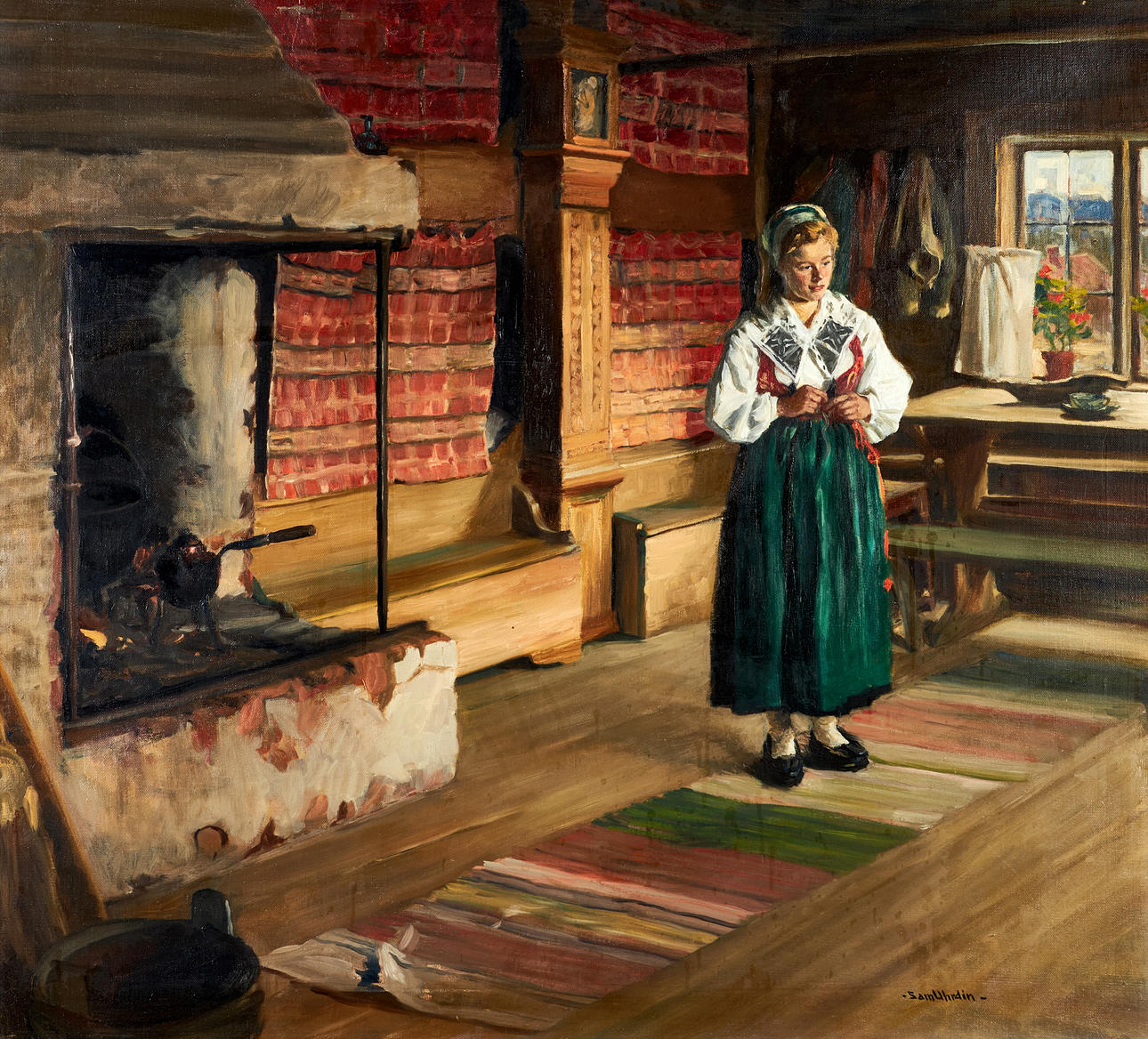 SAM UHRDIN (Sverige, 1886-1964), Dalkulla vid öppen spis, signerad ...