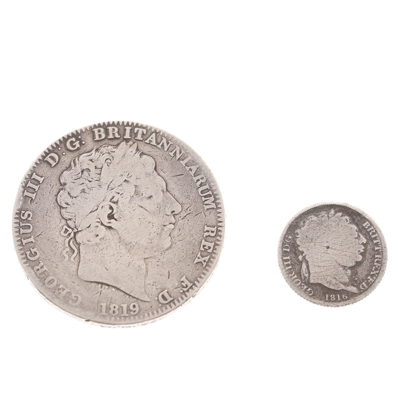 GEORGE III SILVER CROWN 1819 AND A SIXPENCE 1816. Coins, Medals ...