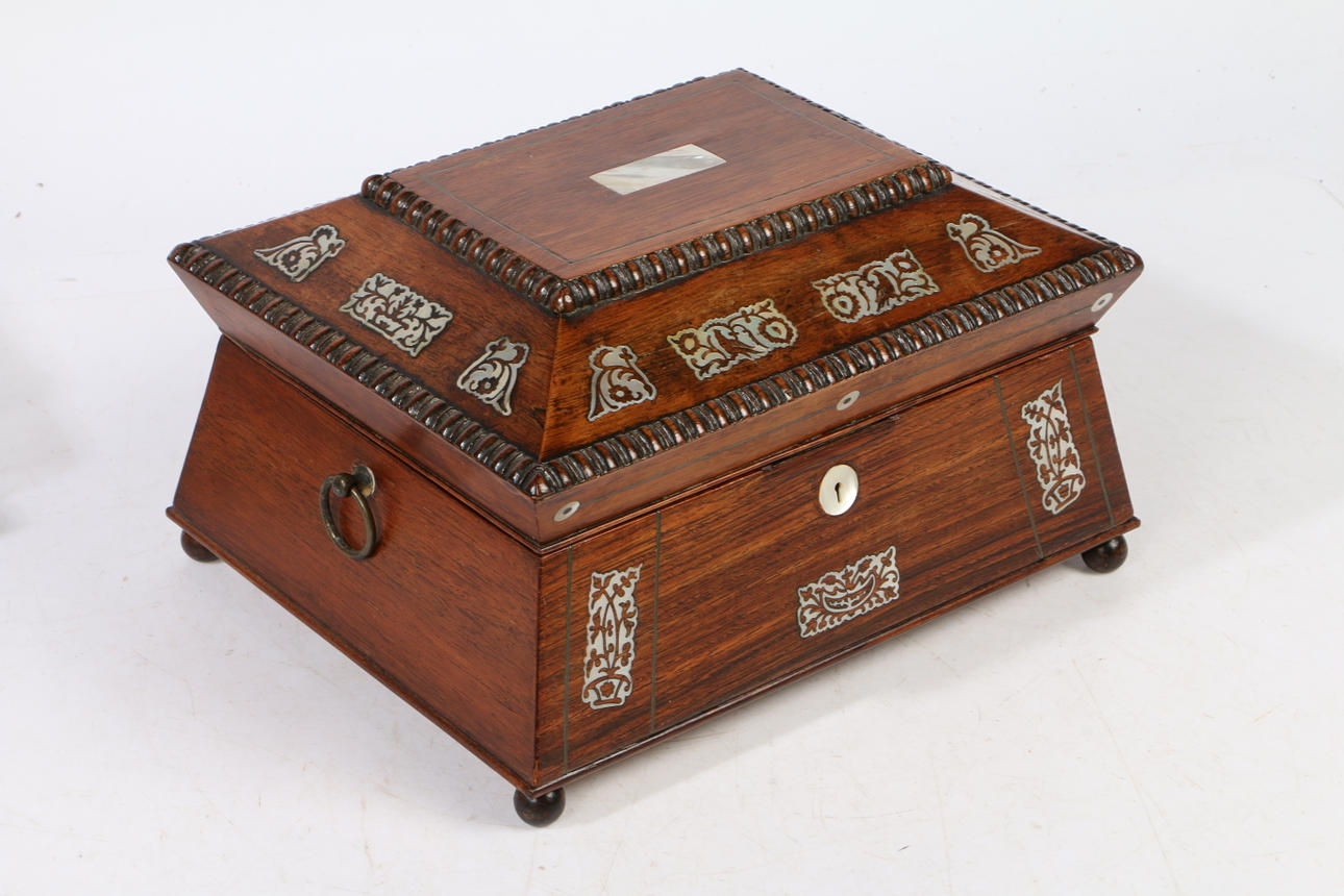 AN EARLY VICTORIAN ROSEWOOD AND MOTHER OF PEARL WORK BOX. Swedish Folk ...