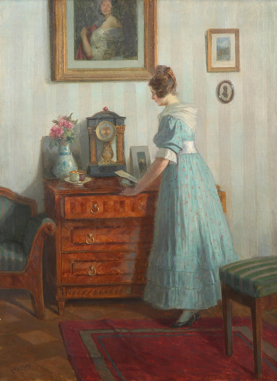 ROBERT SCHEFFER. Oljemålning på duk. Interiör med kvinna vid byrå ...