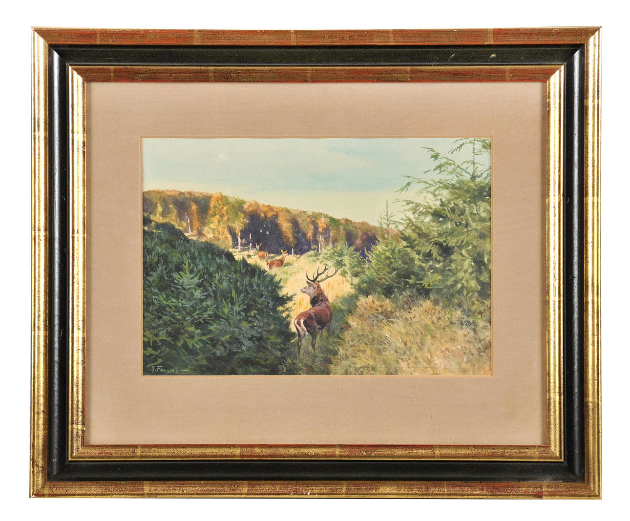 REINHOLD FEUSSNER. "Herbst im Harz". Hirsch und weibliche Tiere auf ...