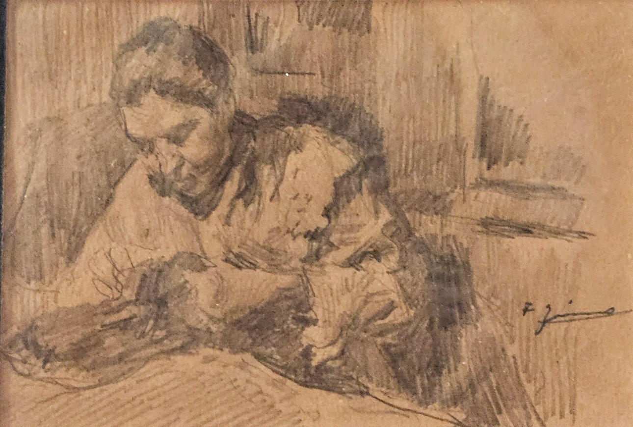 FRANCISCO GIMENO Y ARASA (1858-1927). Seamstress. Pencil drawing. Art ...