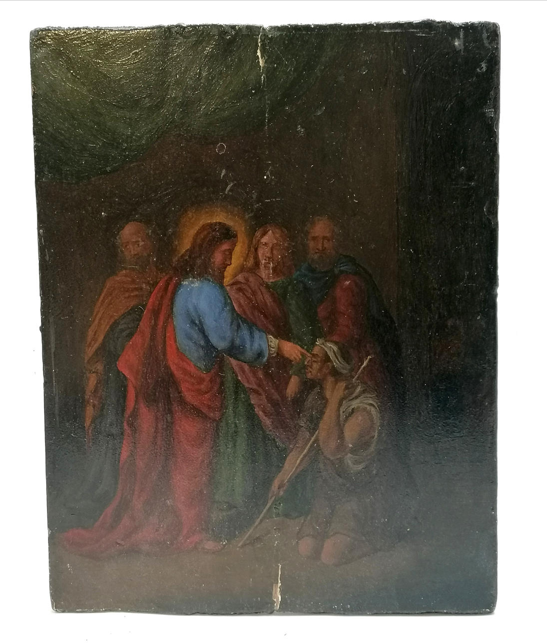 ANTIK OLJEMÅLNING PÅ PANEL SOM VISAR KRISTUS HELANDE EN BLIND MAN ...