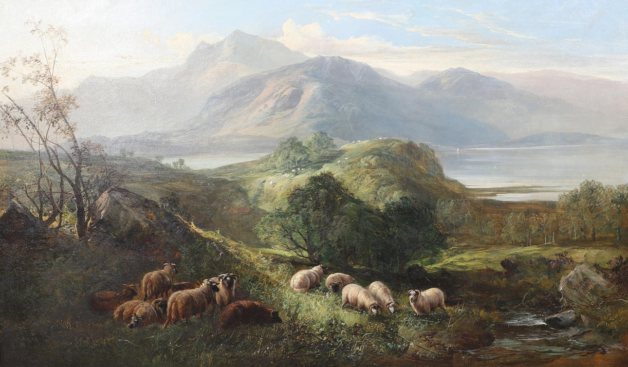 JOSEPH DENOVAN ADAM, RSA, RSW (1841-1896). SHEEP GRAZING BY LAKE ...