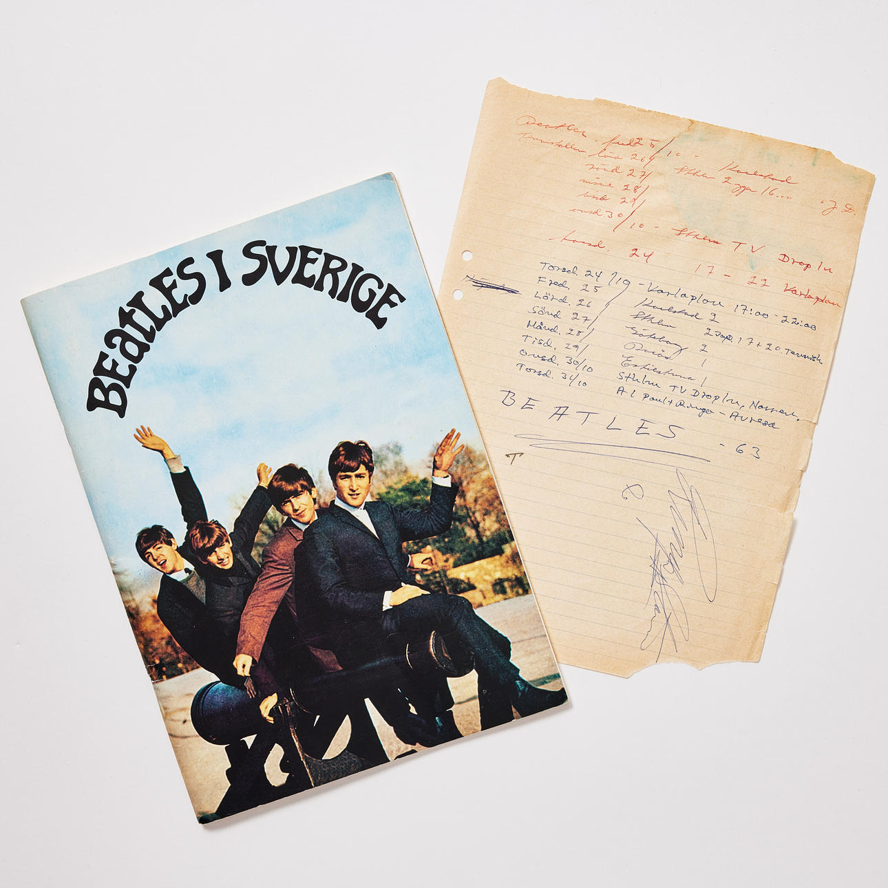 THE BEATLES, handskrivet schema från deras besök i Sverige 1963 ...