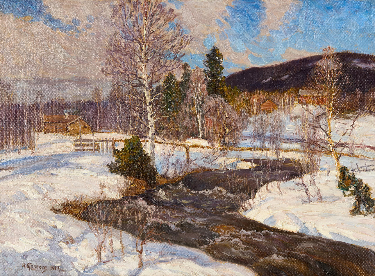 ANTON GENBERG (1862-1939), Vinterlandskap med å och gårdsbyggnader, olja på duk. Konst - Måleri ...