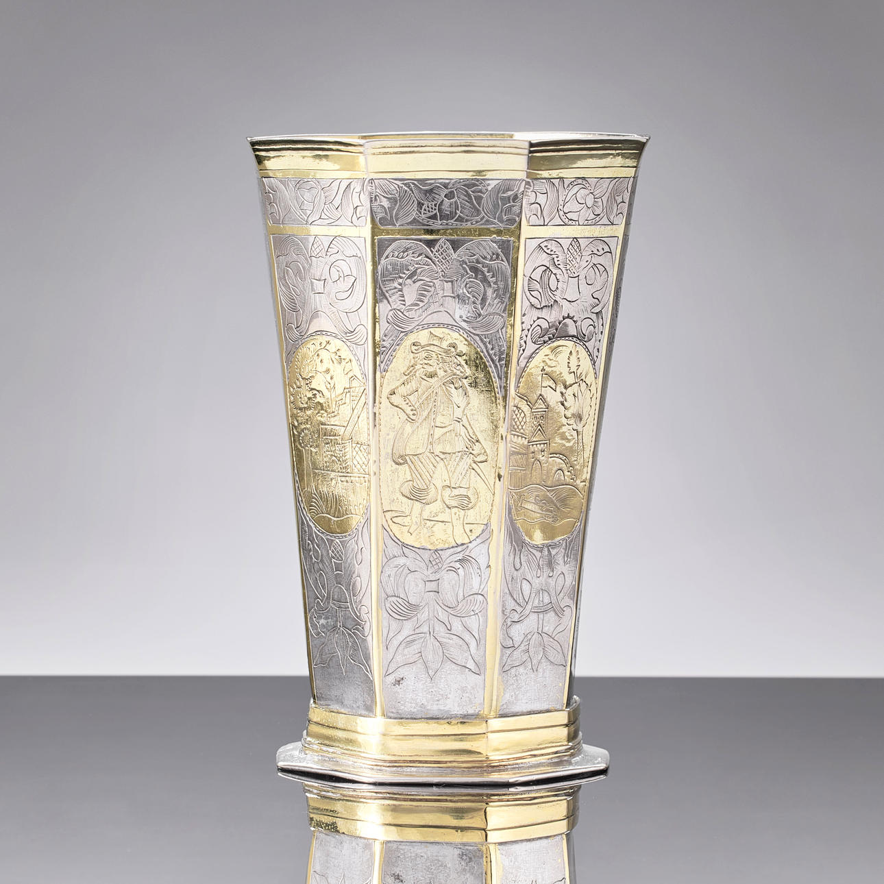 A PARCEL GILT SILVER BEAKER, unmarked, prossybly Germany 17th century ...