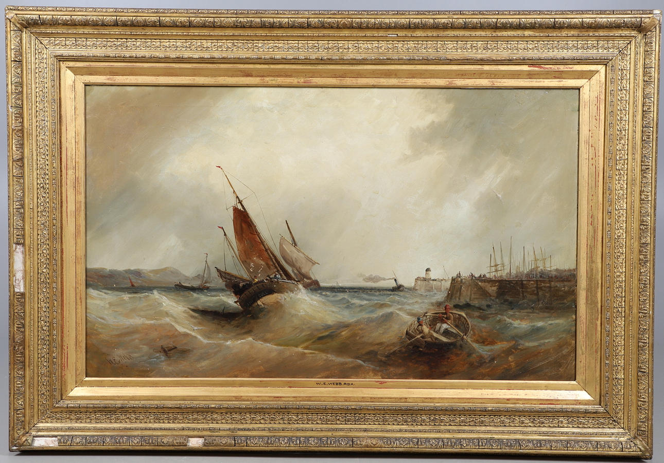 WILLIAM EDWARD WEBB (1862-1903). FISHING BOATS IN ROUGH COASTAL WATERS ...