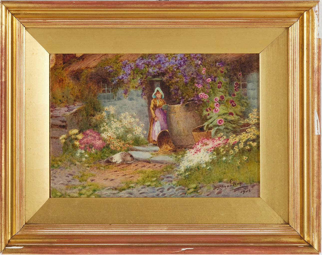 JOHN LYNAS-GRAY ( 1869-1940). Kvinna i blomstrande trädgård, akvarell ...