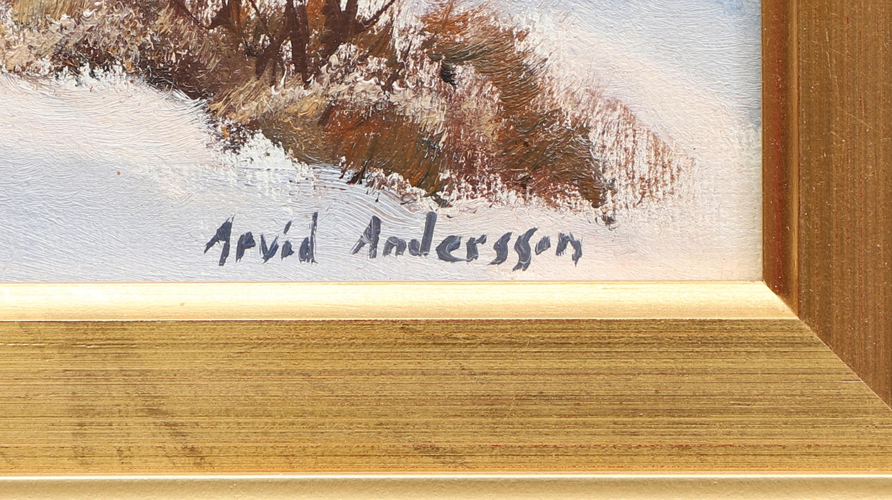 ARVID ANDERSSON. Olja på duk, räv i vinterlandskap, signerad. Konst - Måleri - Auctionet