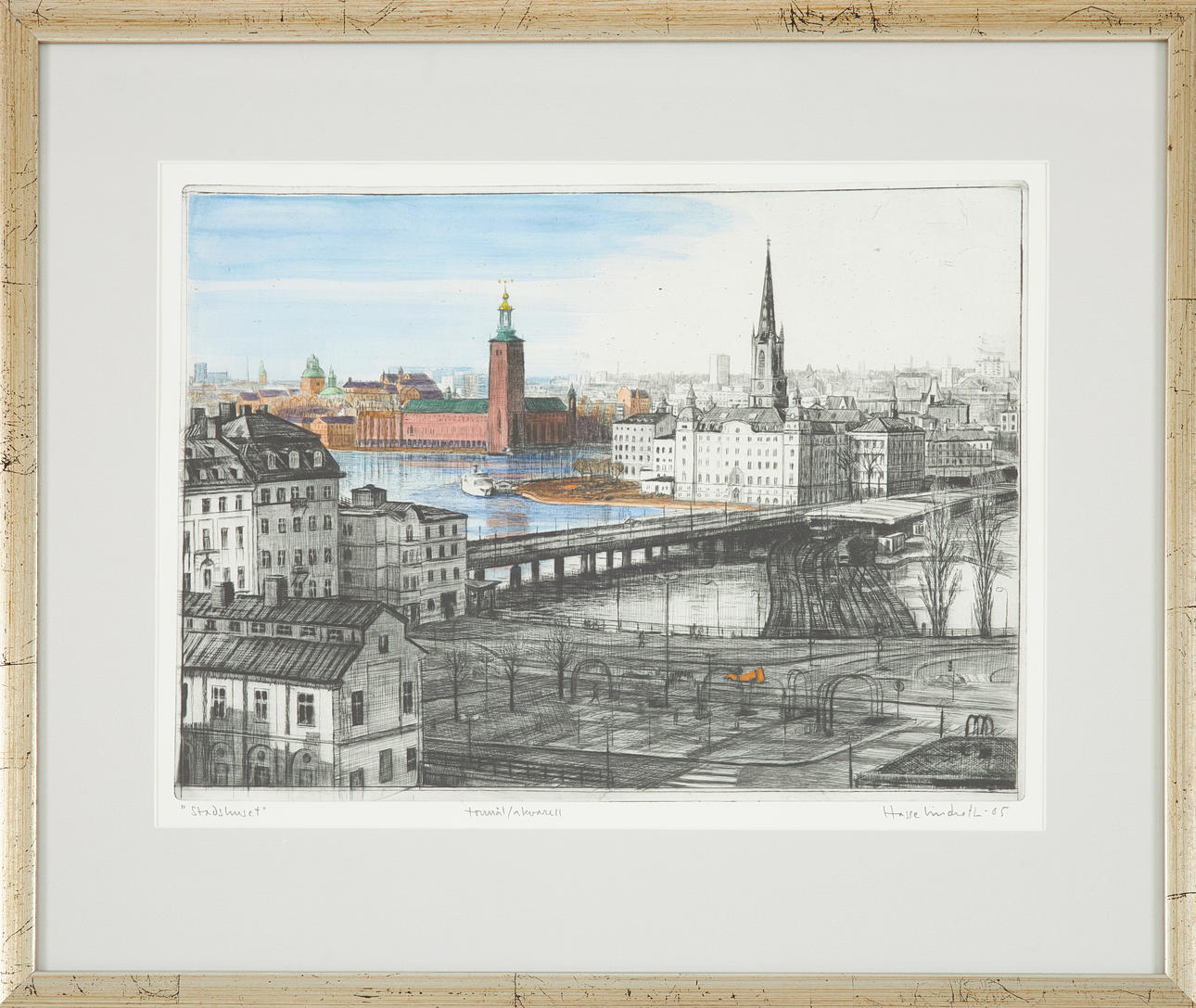 HASSE LINDROTH. "Stadshuset", torrnål med akvarell, signerad och ...