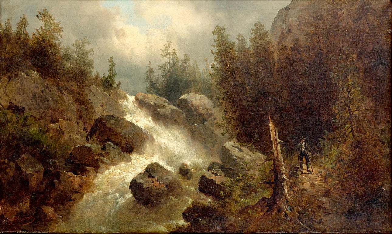 JOSEF THOMA (1828-1899). Mountain landscape with waterfall and hiker ...