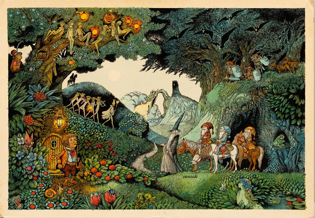 HANS ARNOLD. "Sagan om ringen" screentryck på kartong, signerad, 1970 ...