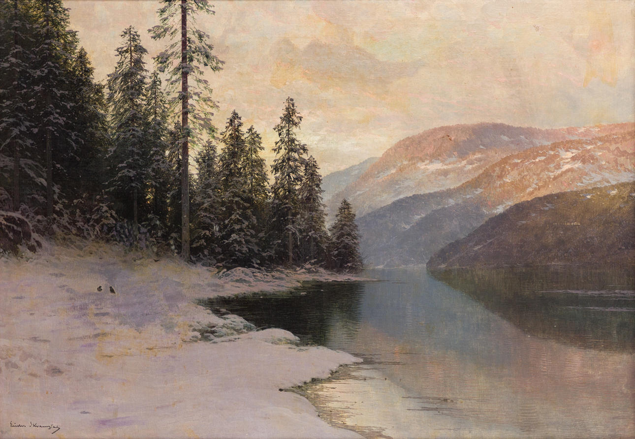 LUDVIG SKRAMSTAD (1855-1912). Norwegian fjord landscape in winter. Art ...