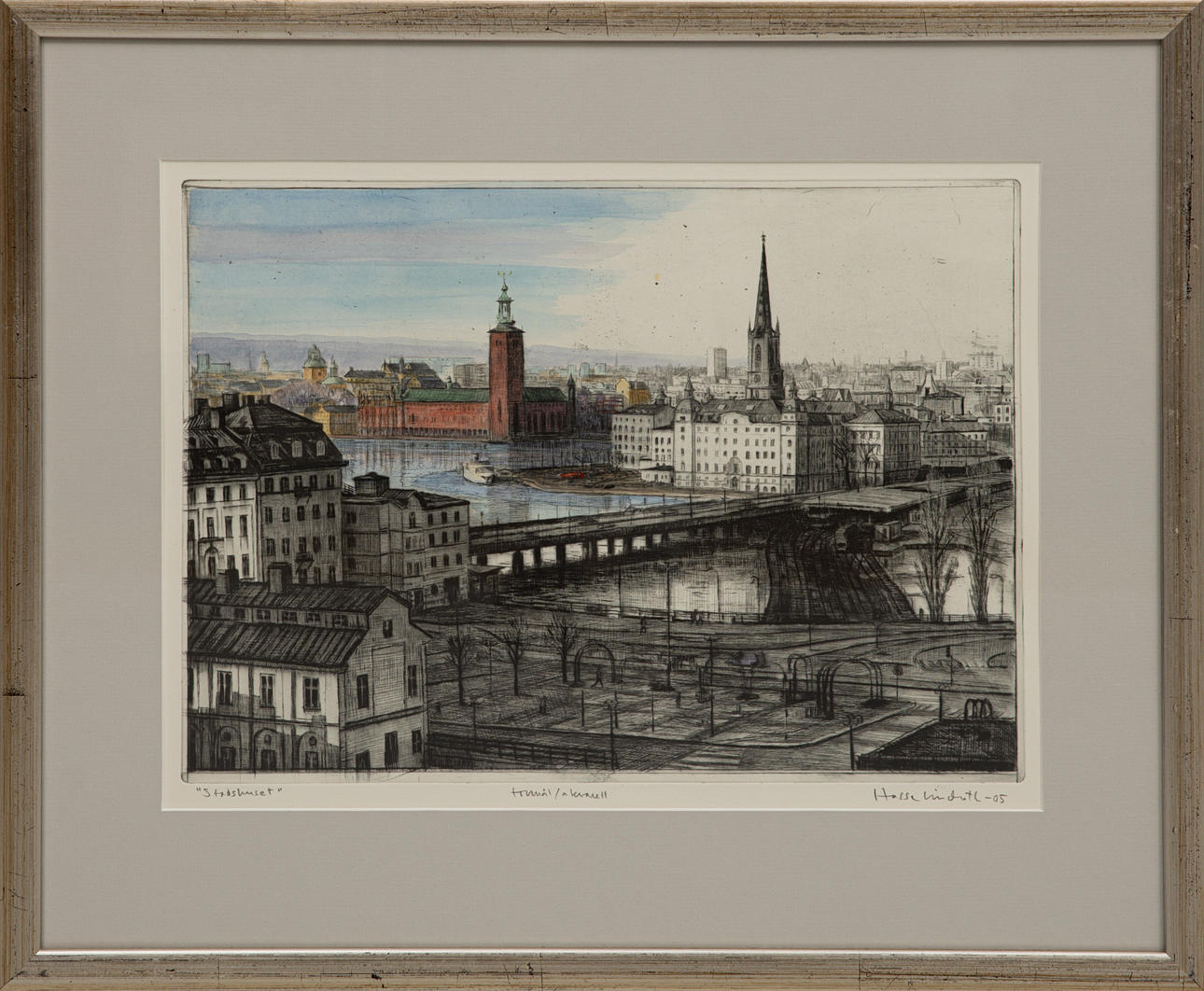 HASSE LINDROTH. "Stadshuset", torrnål/akvarell, signerad och daterad ...