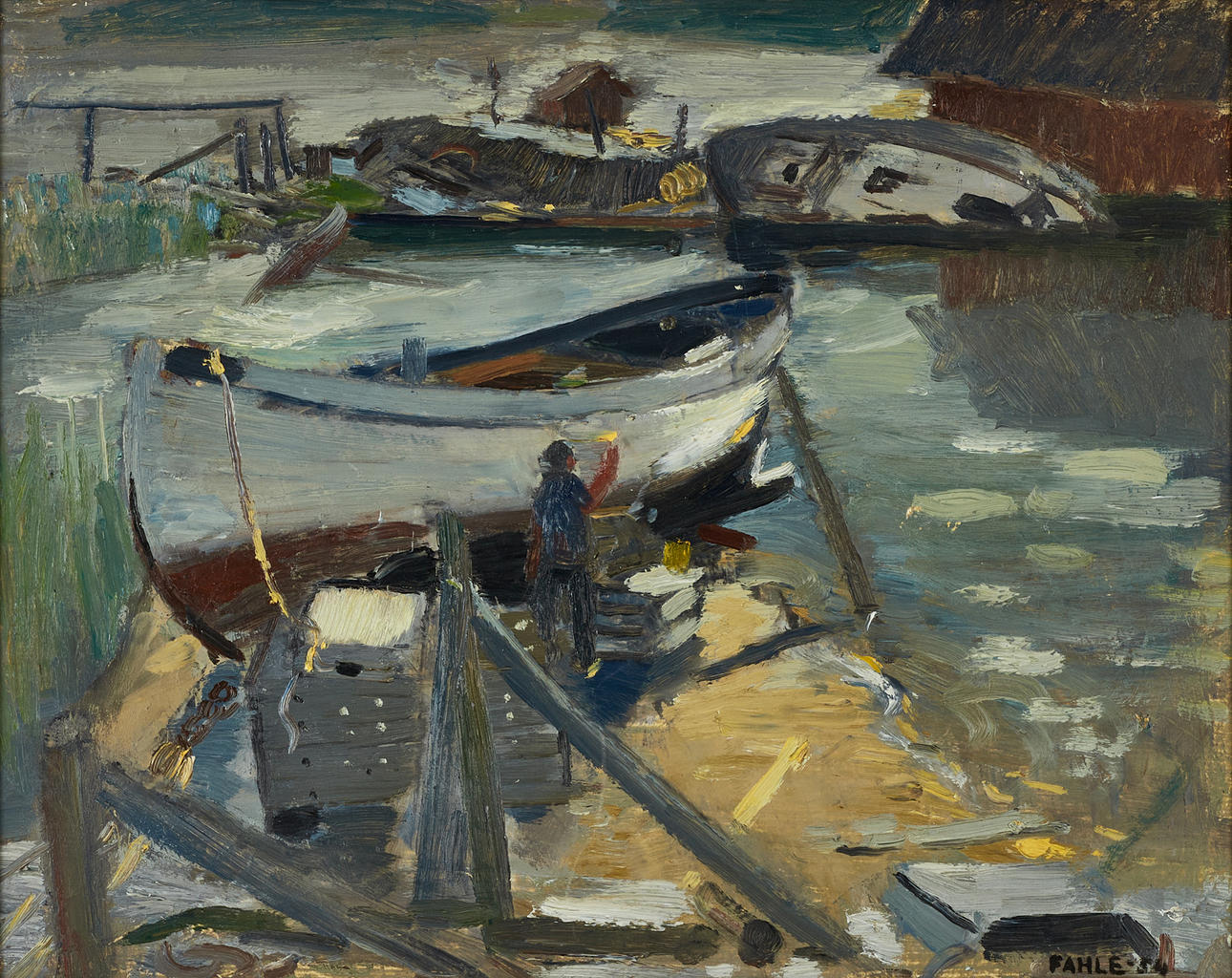 GUSTAF ADOLF FAHLE (1906-1989), Work at the jetty, oil on panel. Art ...