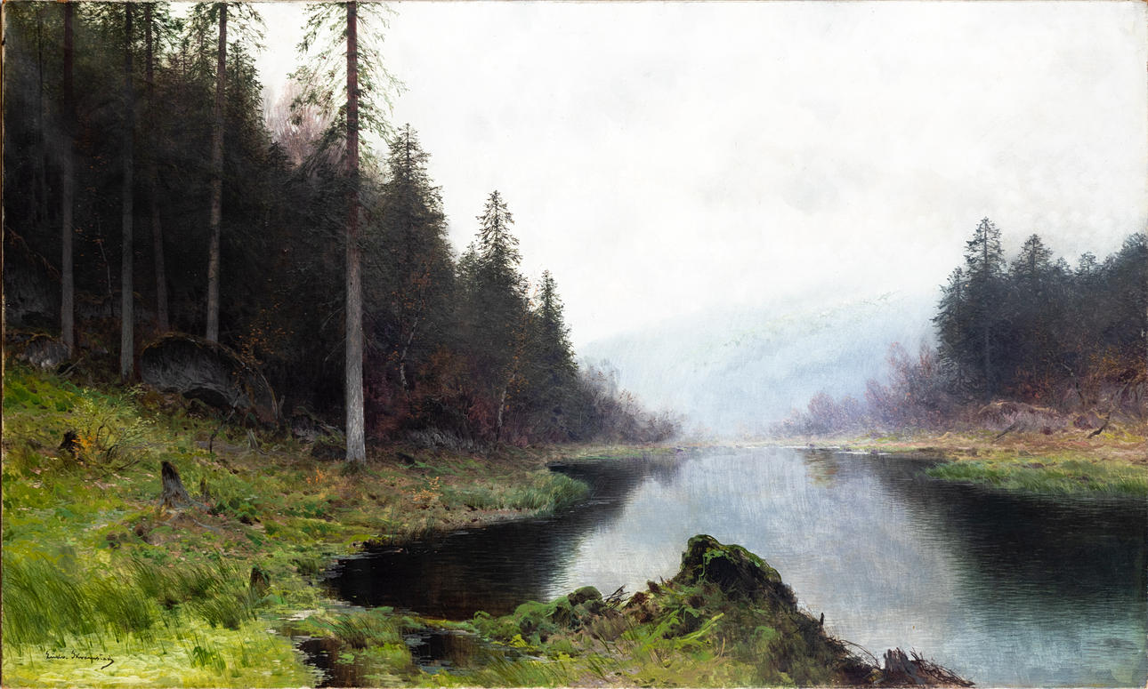 LUDVIG SKRAMSTAD (1855-1912). Norskt fjordlandskap på sommaren. Konst ...