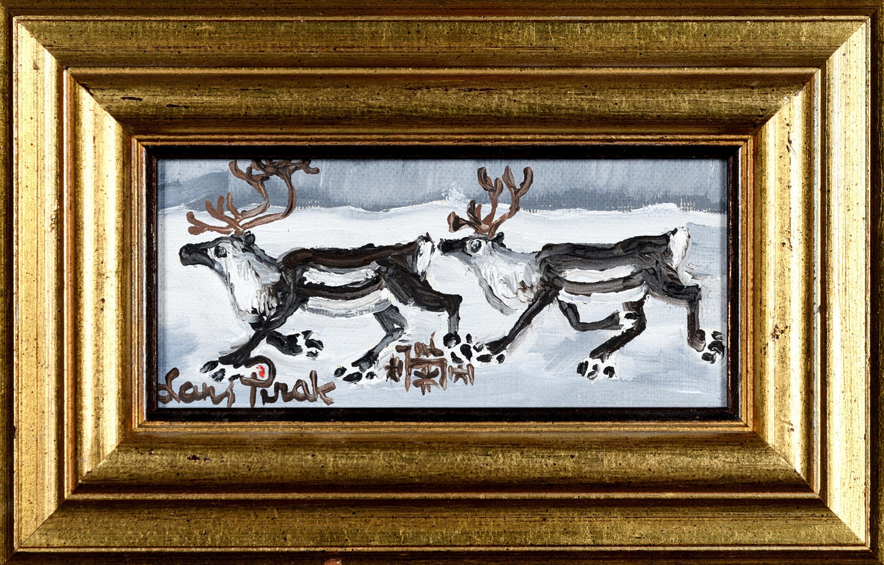 LARS PIRAK. Olja på pannå, Renar i fjällandskap, Signerad 1900-tal ...