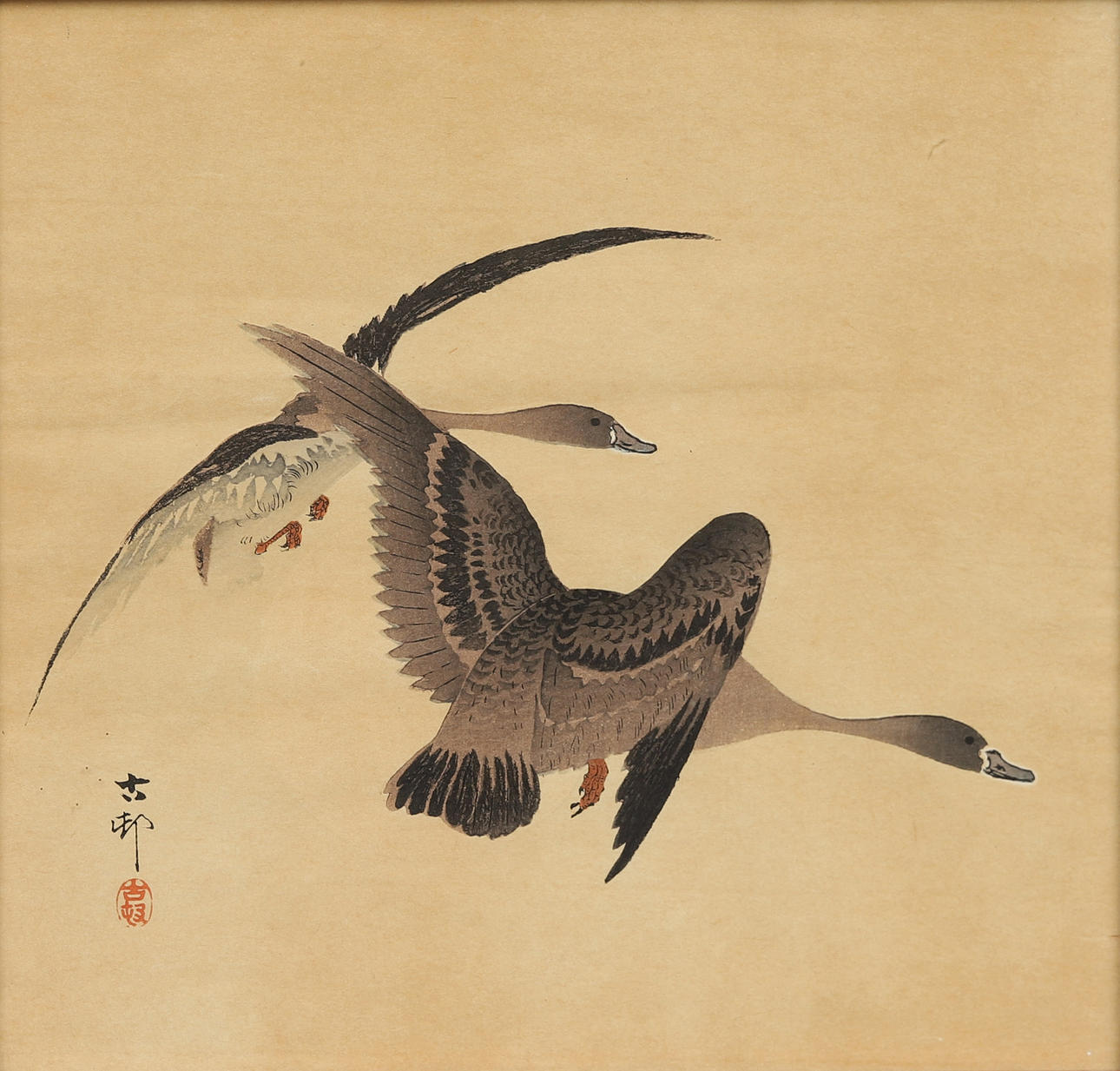 KOSON OHARA (1877-1945). Puupiirros, lentäviä lintuja, signeerattu. Taide - Grafiikka - Auctionet