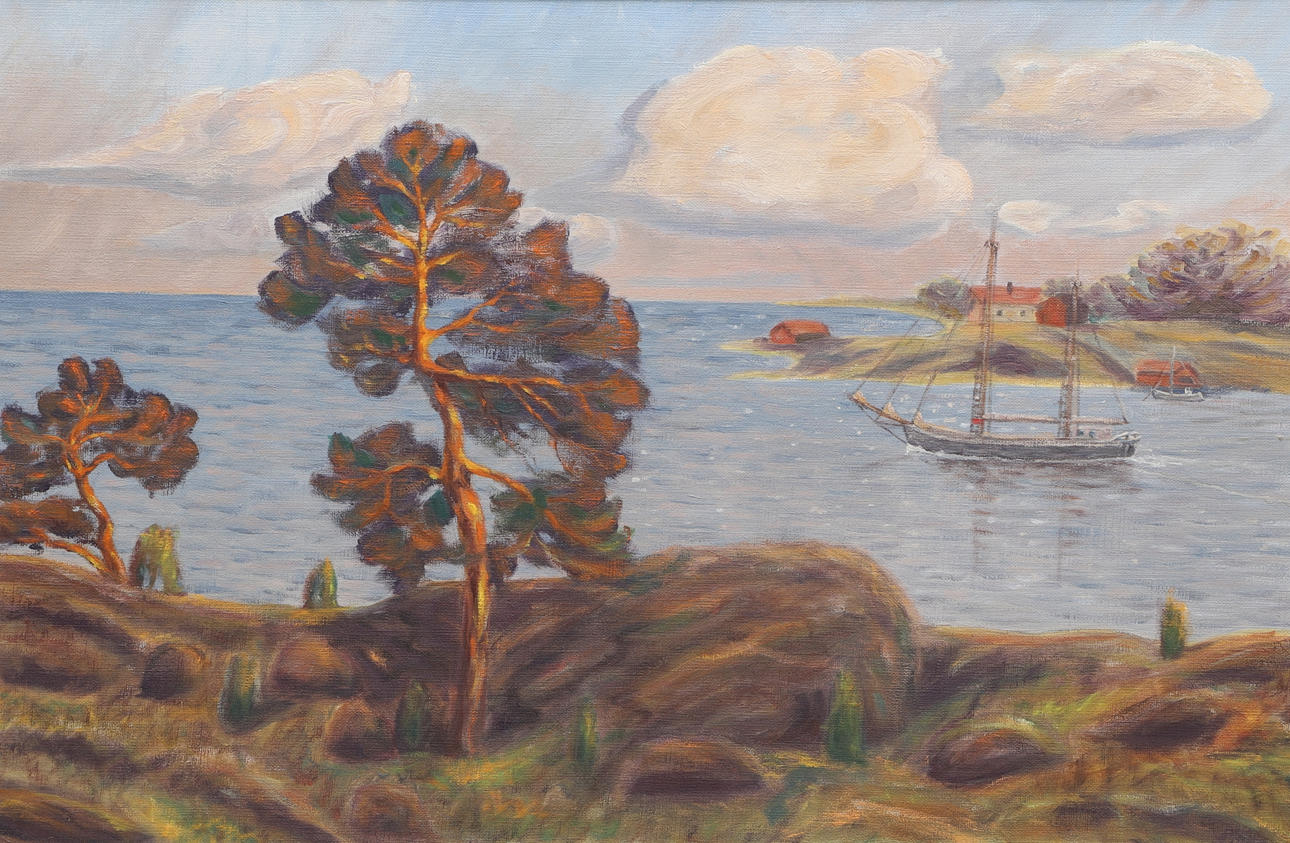KARL BERGMAN. HANS ART. Olja på duk, Tallar i skärgården, osignerad ...