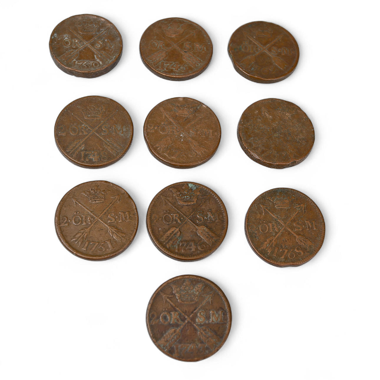 KOPPARMYNT, 10 st, 2 Öre, Fredrik I, och Adolf Fredrik, Sverige, start ...