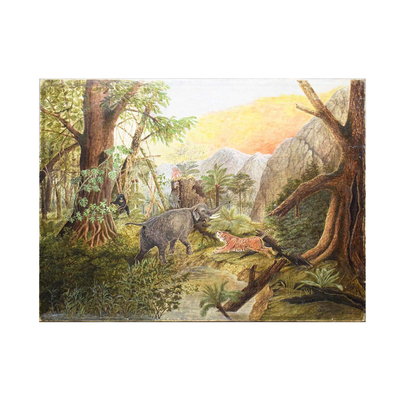 CARL RUDOLPH HUBER. JUNGLE LANDSCAPE WITH ELEPHANT AND TIGER. Art ...