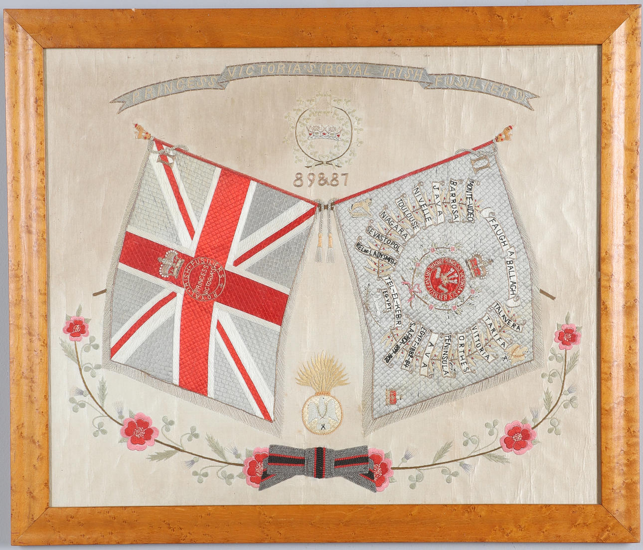 AN EDWARDIAN SILK WORK COLOUR FOR THE ROYAL IRISH FUSILIERS. Weapons ...