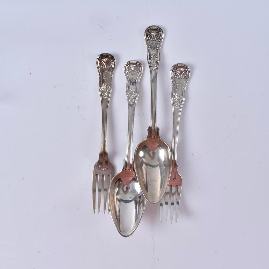 A set of four silver English Seashell cutlery, 1st half of the 19th ...
