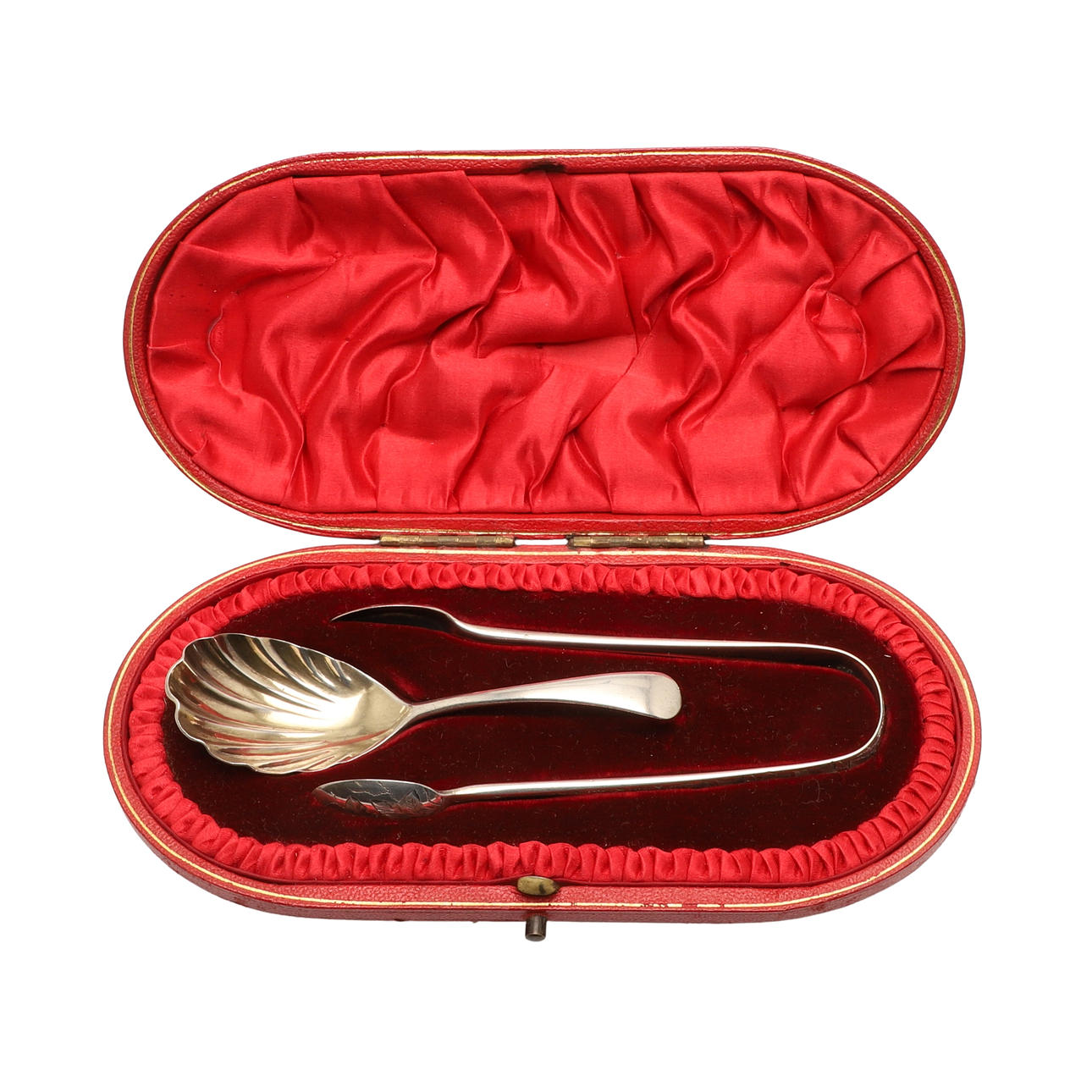 A LATE VICTORIAN CASED SILVER CADDY SPOON AND TONGS SET. Silver ...