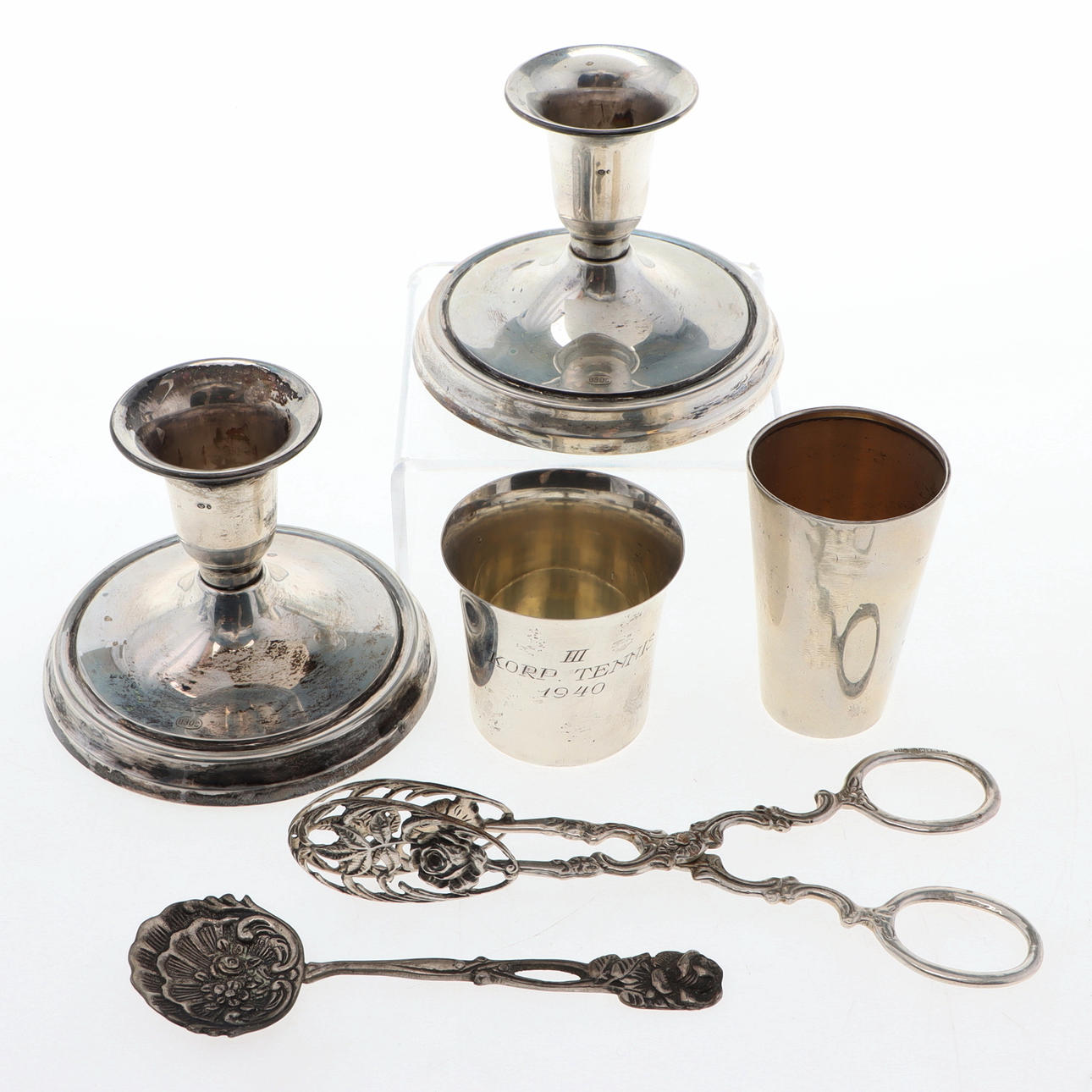SILVER OBJECTS, 6 pieces, incl. candlesticks. Silver & Metals - Silver ...