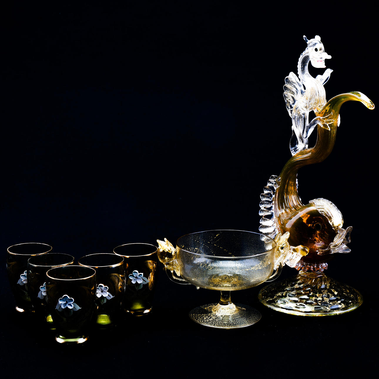 SCULPTURE and snap glass and bowl, 7 pieces, glass, Murano, Italy ...
