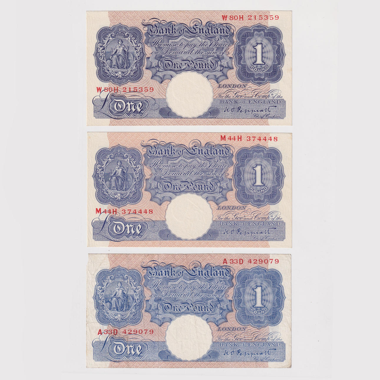 THREE BANK OF ENGLAND SERIES 'A' BLUE ONE POUND NOTES (3). Coins ...