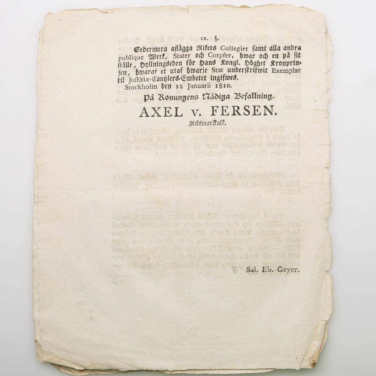 AXEL VON FERSEN. ORDER THEN HIS CONGRATS. HIS HIGHNESS THE SUCCESSOR OF ...