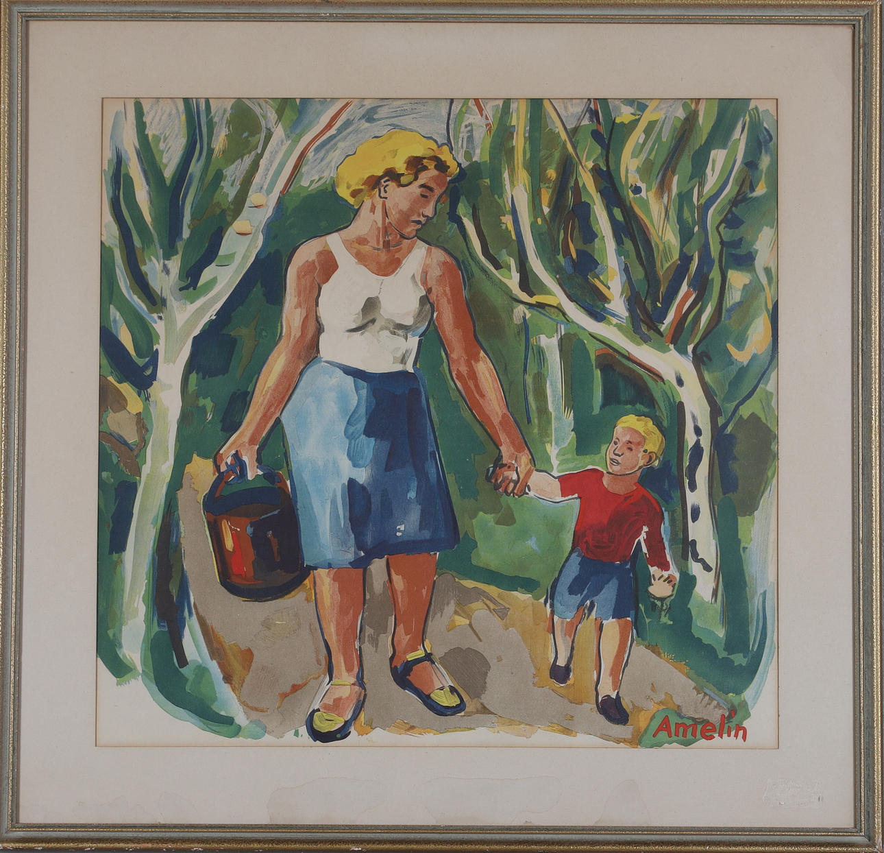 ALBIN AMELIN. Litografiskt tryck, mor och son, 1950-tal. Konst - Grafik ...