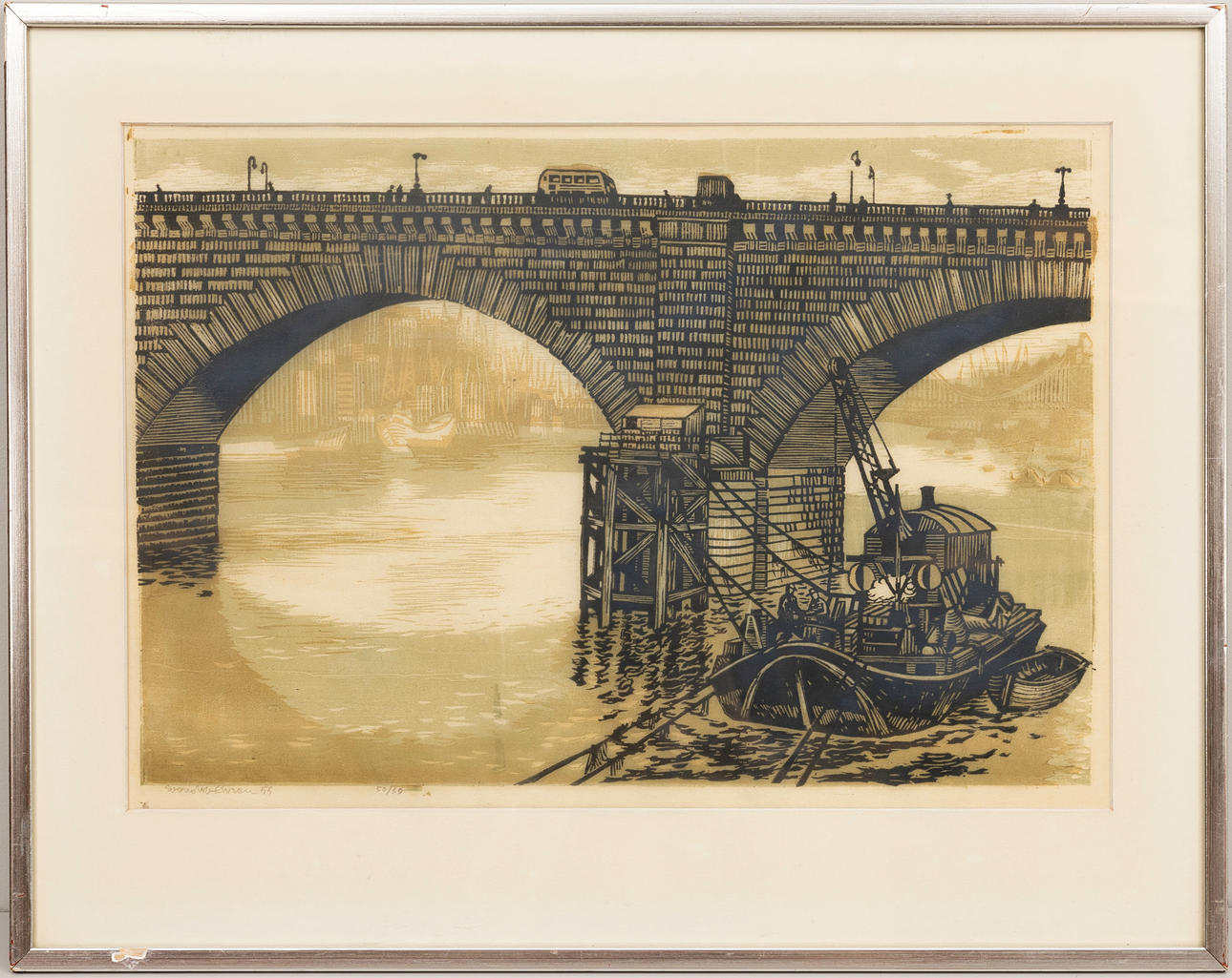 SVENOLOV EHRÉN. Lithograph in colours, Bridge repair, signed, dated and ...